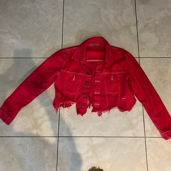 Carmar | Jackets & Coats | Lf Carmar Red Frayed Cropped Denim Jacket ...